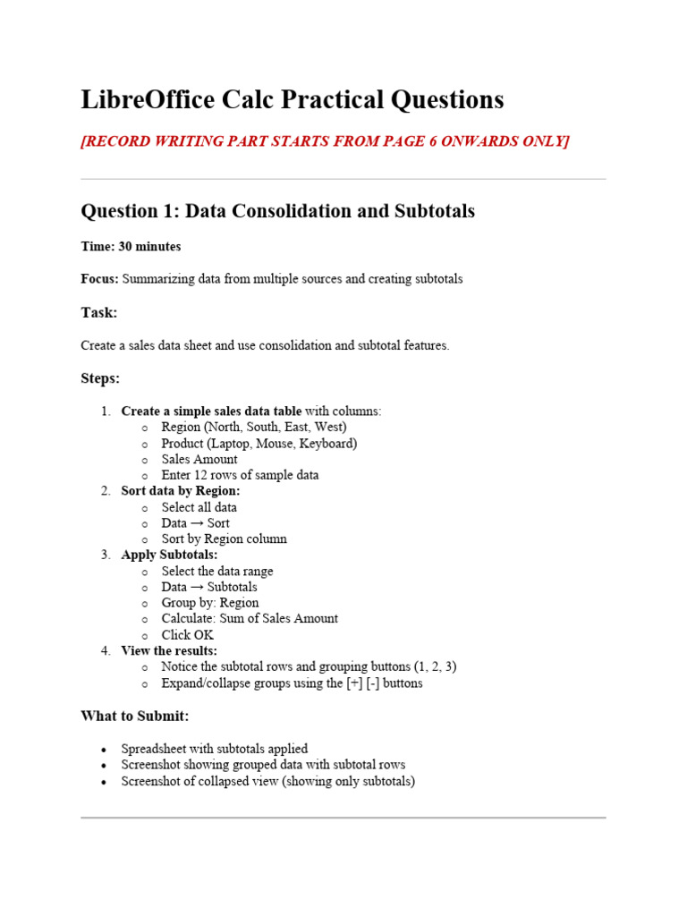 LibreOffice Calc Practical Exercises | PDF | Spreadsheet | Software