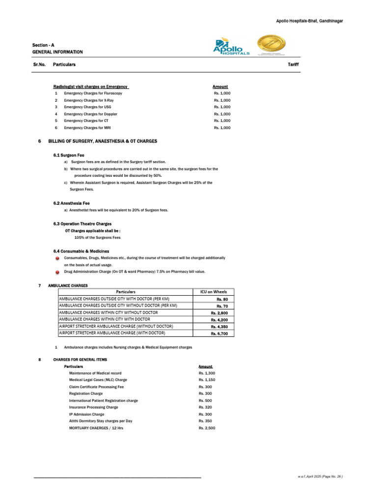 AHIL Tariff Book Apr25-26 | PDF | Surgeon | Medicine