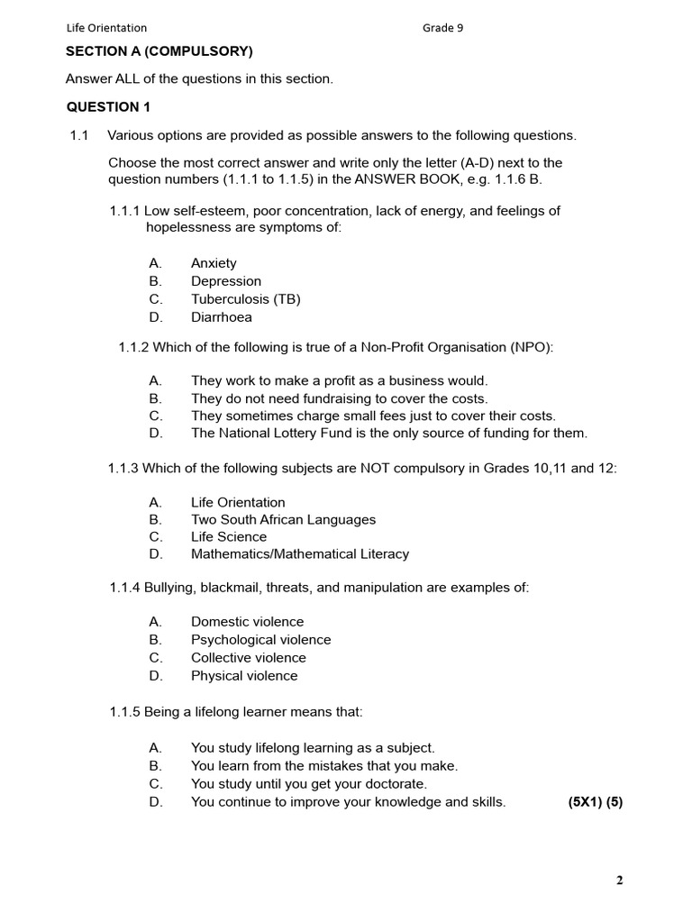 Grade 9 LO Exam Final Exam Compiled Past Papers. | PDF