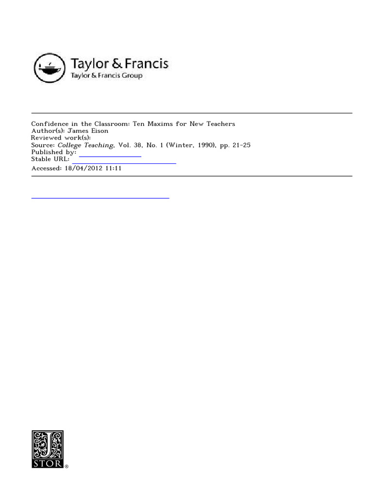 Confidence in The Classroom College Teaching | PDF | Teachers | Learning