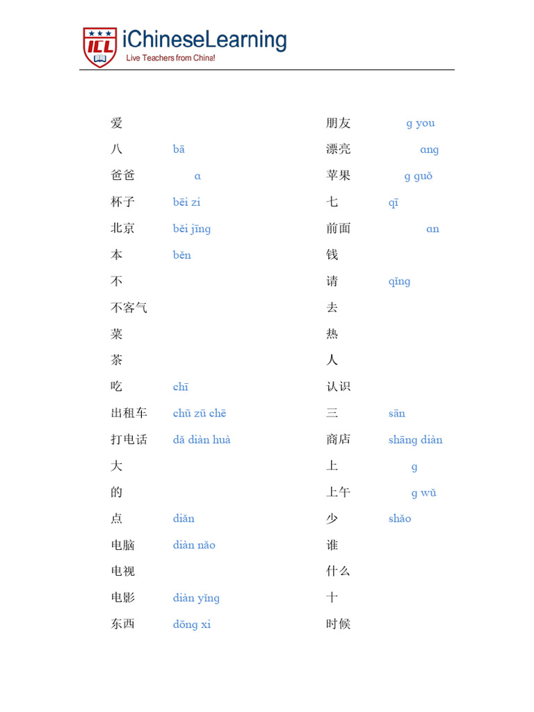 HSK Vocabulary List Level 1 | PDF
