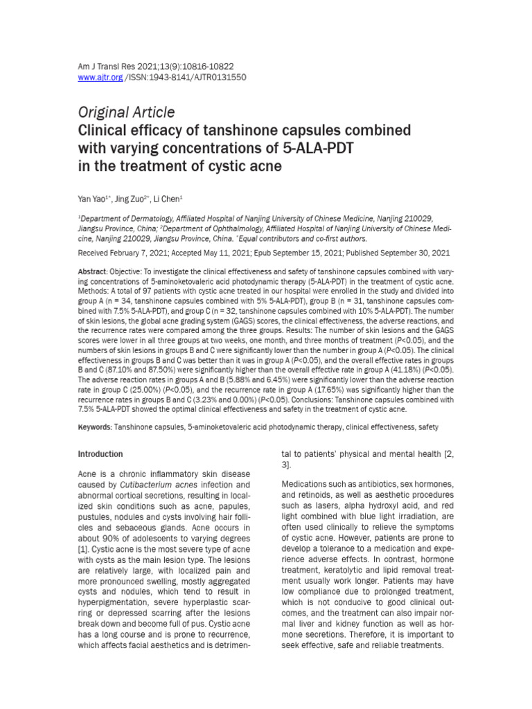 Tanshinone and 5-ALA-PDT for Cystic Acne | PDF | Health Care | Clinical ...