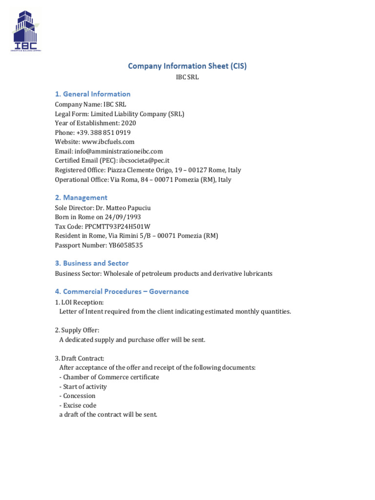 IBC SRL Company Information Sheet | PDF