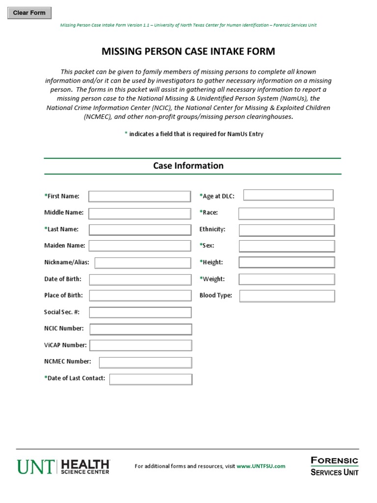 Missing Person Case Intake Form | PDF | Dna Profiling | Dental Implant