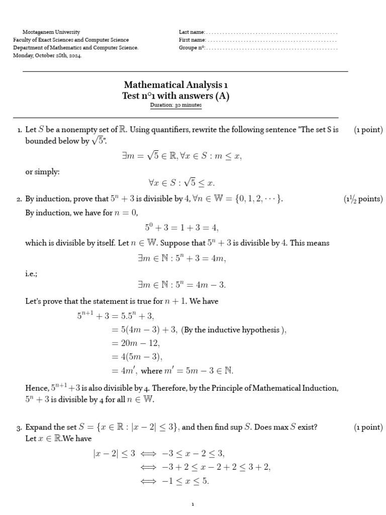 Mathematical Analysis Test Solutions | PDF | Mathematical Concepts ...