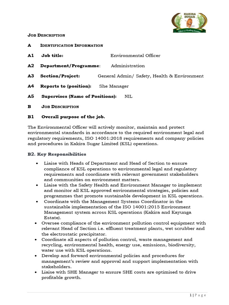 Environmental Officer Job Description | PDF | Skill | Regulatory Compliance