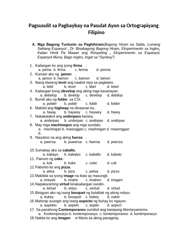 Pagsusulit Sa Pagbaybay Na Pasulat Ayon Sa Ortograpiyang Filipino | PDF