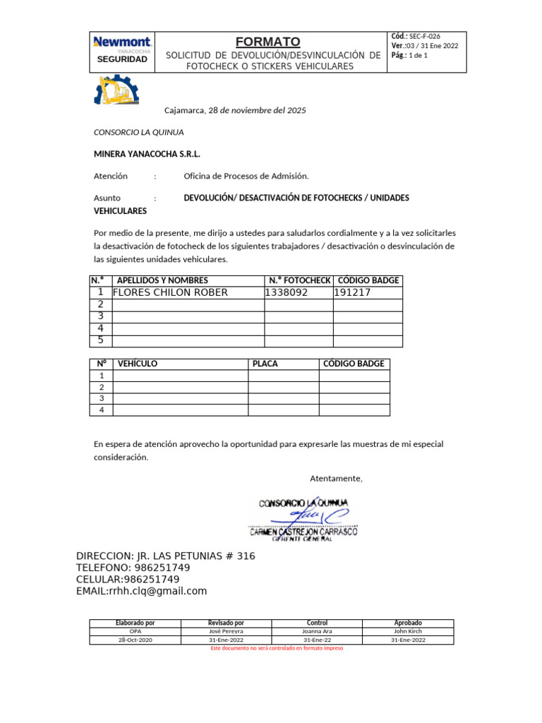 Solicitud de Desactivación de Fotochecks | PDF