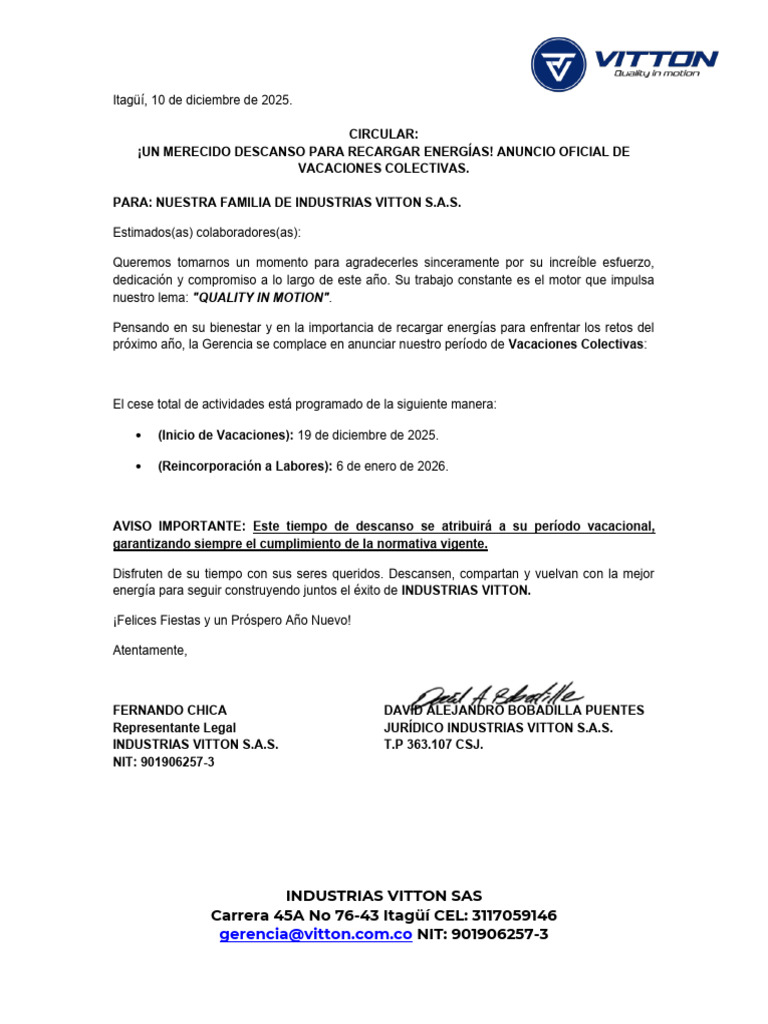 CIRCULAR OFICIAL VACACIONES COLECTIVAS - INDUSTRIAS VITTÓN | PDF