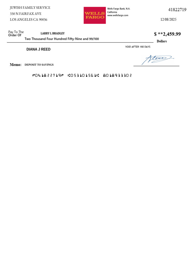 Wells Fargo Check for Jewish Family Service | PDF