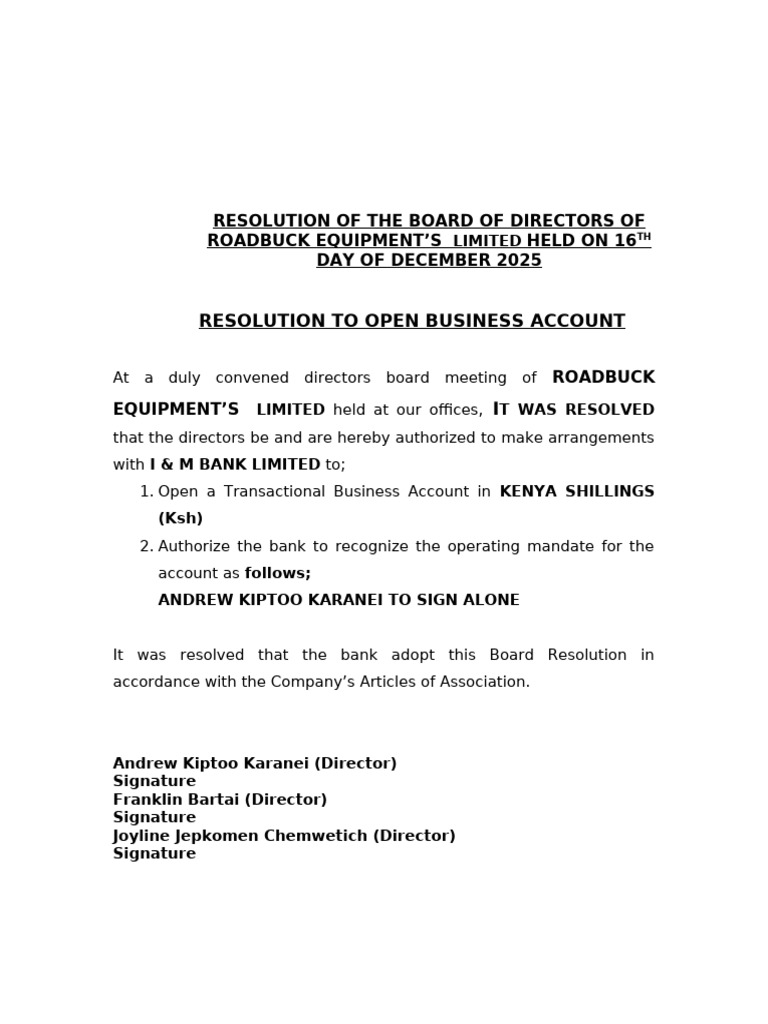 Resolution To Open An Acc-Roadbuck Equipments LTD | PDF