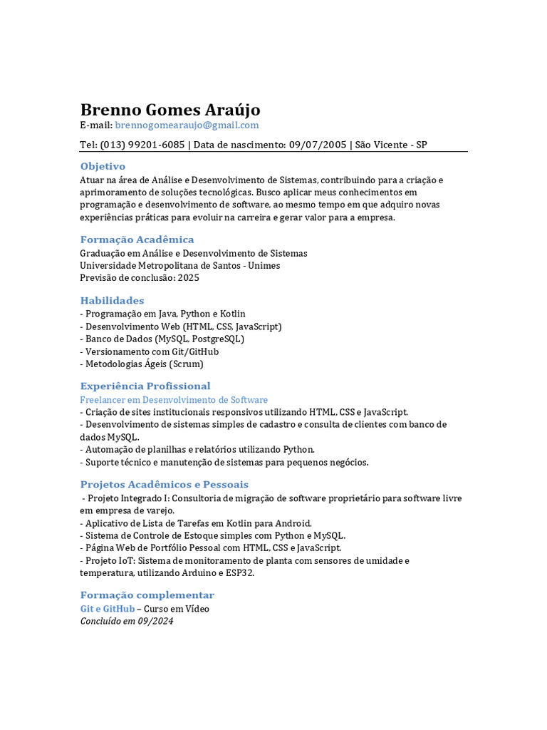 Currículo - Brenno Gomes Araujo - ADS | PDF | Script Java | Python ...