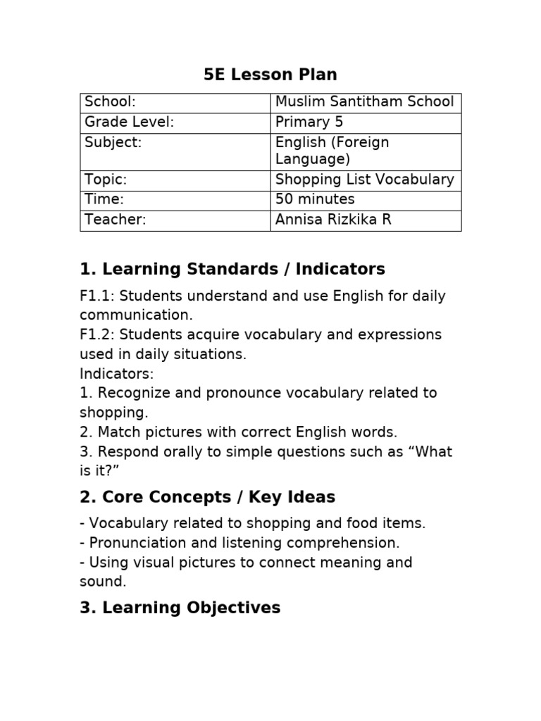 Shopping List Vocabulary Lesson Plan | PDF | Vocabulary | Lesson Plan