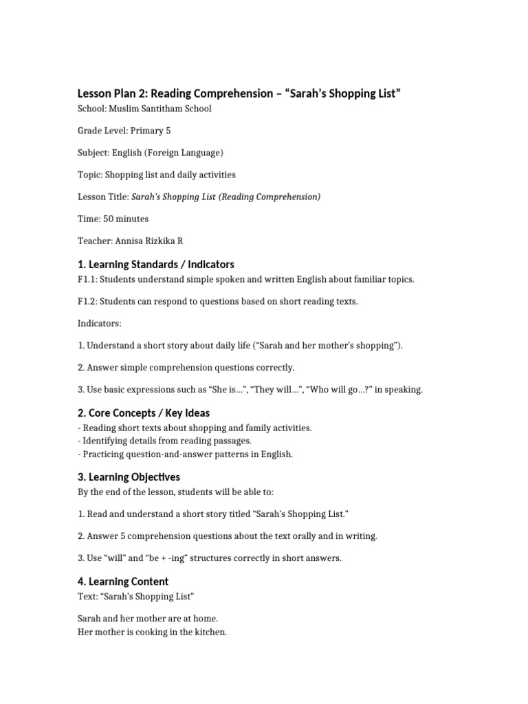 Lesson Plan 2 Sarah's Shopping List | PDF | Reading Comprehension ...