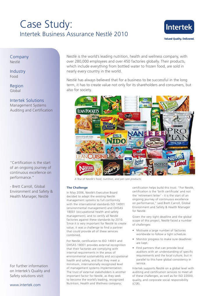 Case Study:: Intertek Business Assurance Nestlé 2010 | PDF | Nestlé | Audit