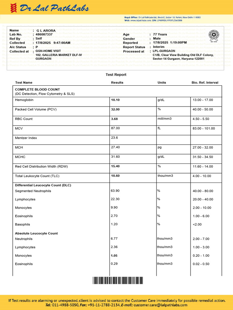 77-Year-Old Male Blood Test Report | PDF | White Blood Cell | Anatomy