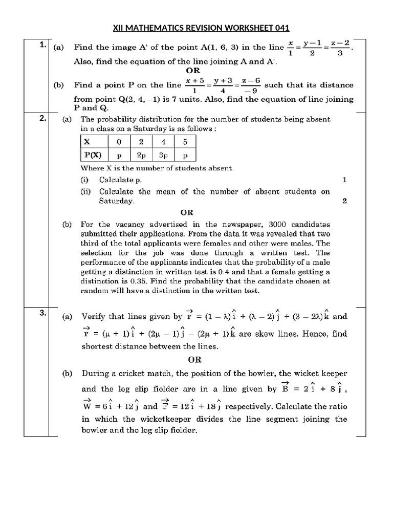 Xii Mathematics Revision Worksheet 041 | PDF