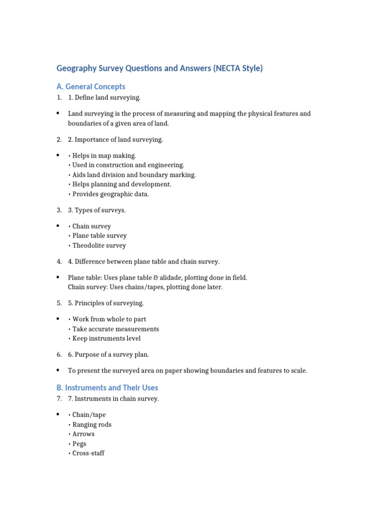 NECTA Geography Survey Q&A Guide | PDF | Surveying | Geographical ...