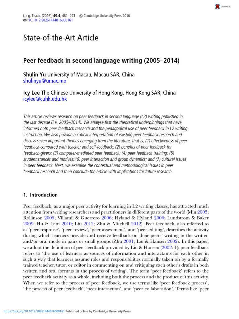 Peer Feedback in Second Language Writing 2005 2014 | PDF | Second ...