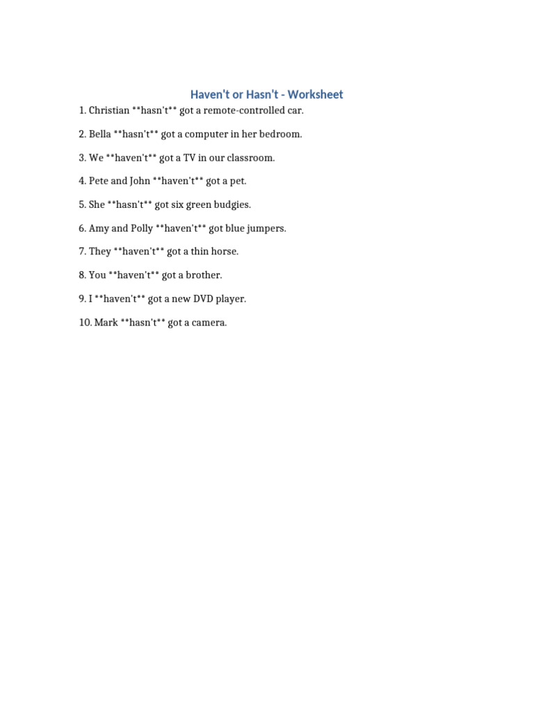 Havent Hasnt Worksheet Completado | PDF