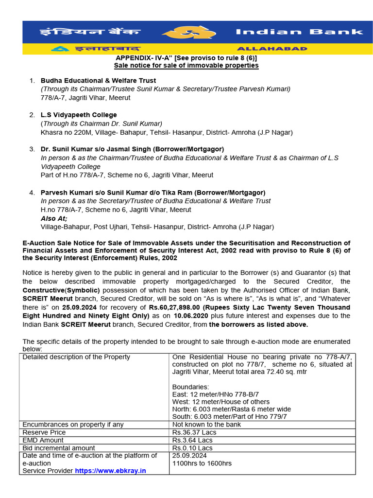 Annex_b_sale_notice -Buddha Edu House - Sep24 | PDF | Auction | Banks