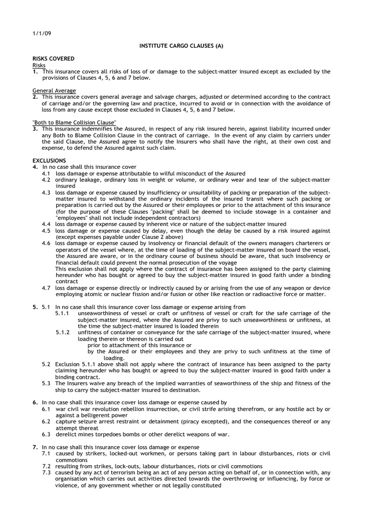 Institute Cargo Clauses a 2009 | PDF | Insurance | Private Law