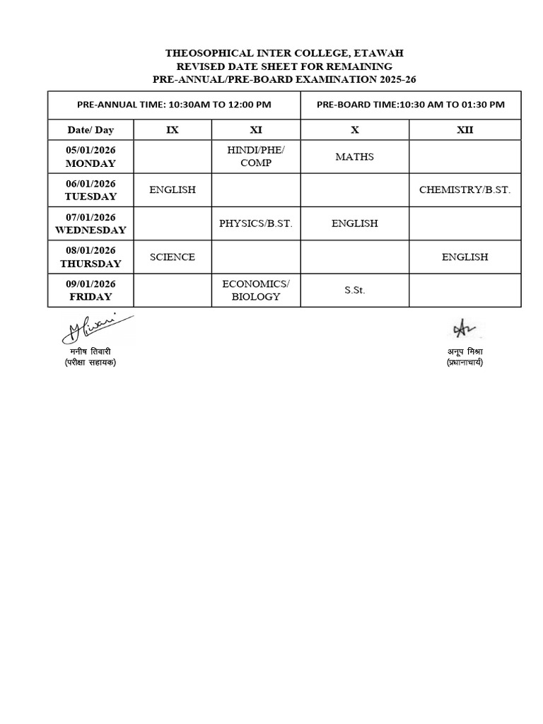Revised Date Sheet Pre-board Preanual | PDF
