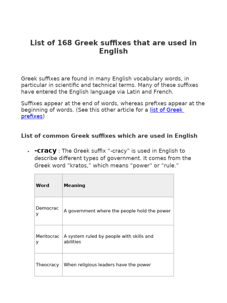 Greek Suffixes in English Vocabulary | PDF | Word | English Language