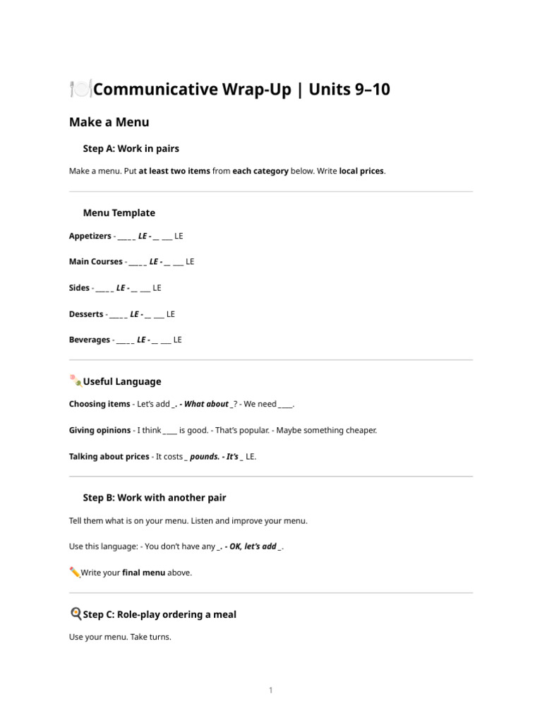 Make a Menu – Student Handout | PDF