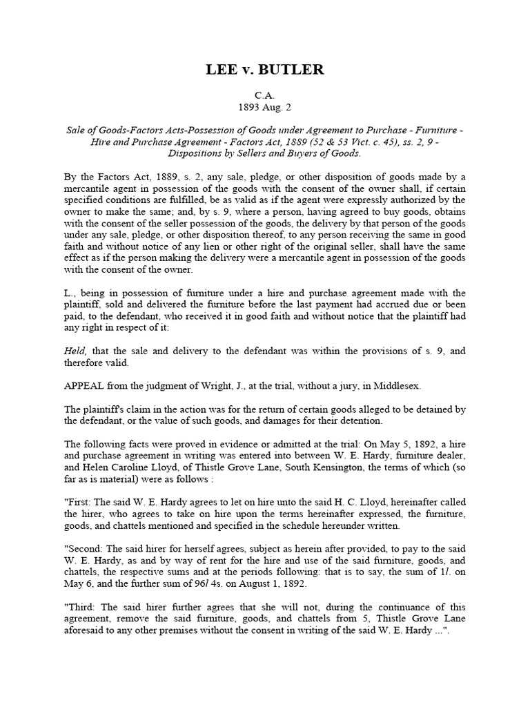 Factors Act Case: LEE v. BUTLER Analysis | PDF