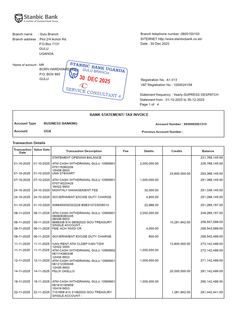 Gulu Branch Business Bank Statement | PDF | Overdraft | Debits And Credits