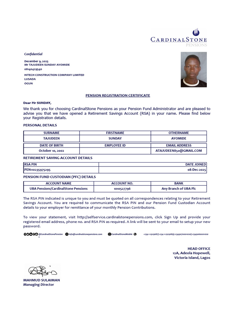 Pension Registration Certificate Details | PDF | Financial Services