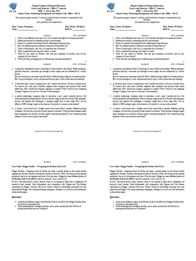 MBA Marketing Management Exam Paper | PDF | Brand | Marketing
