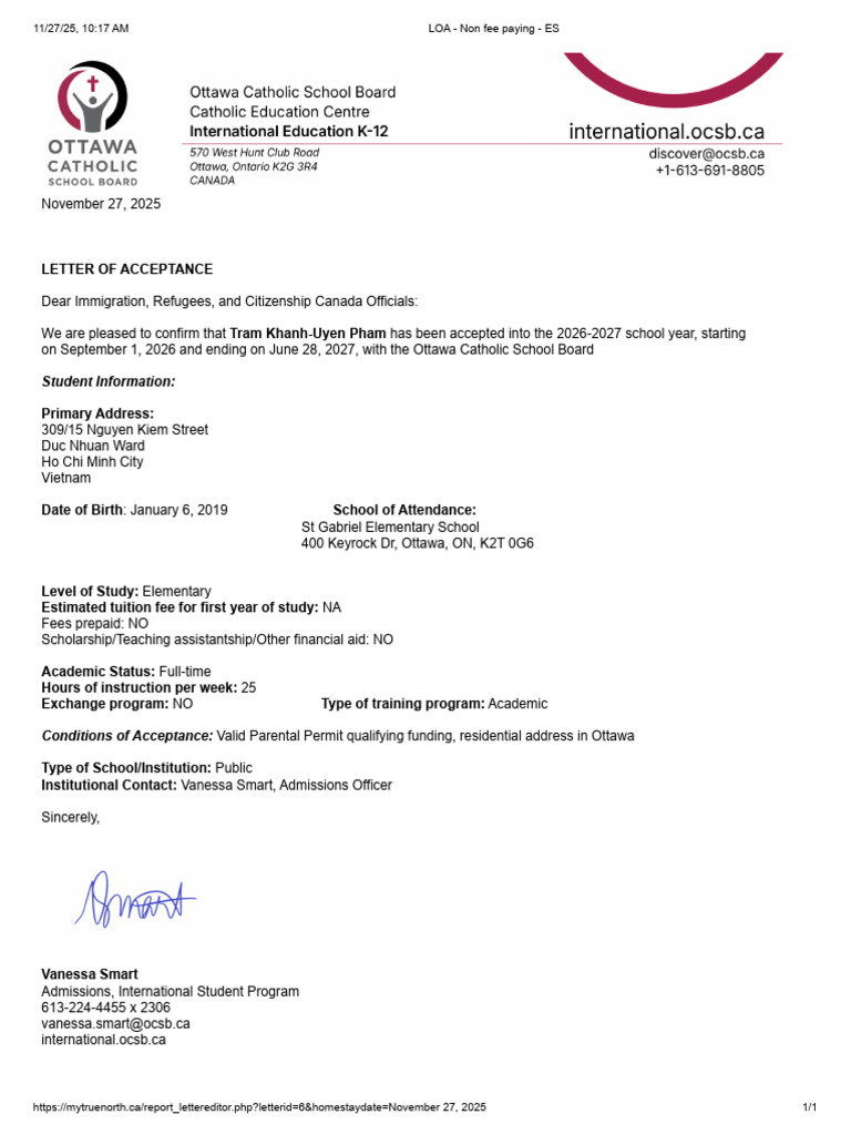 Acceptance Letter for Tram Pham 2026-2027 | PDF