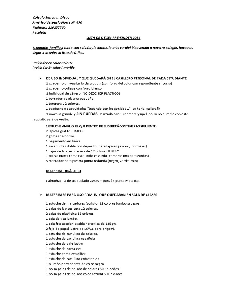 Lista de Útiles Pre-Kinder 2026 Recoleta | PDF | Lápiz | Materiales de ...