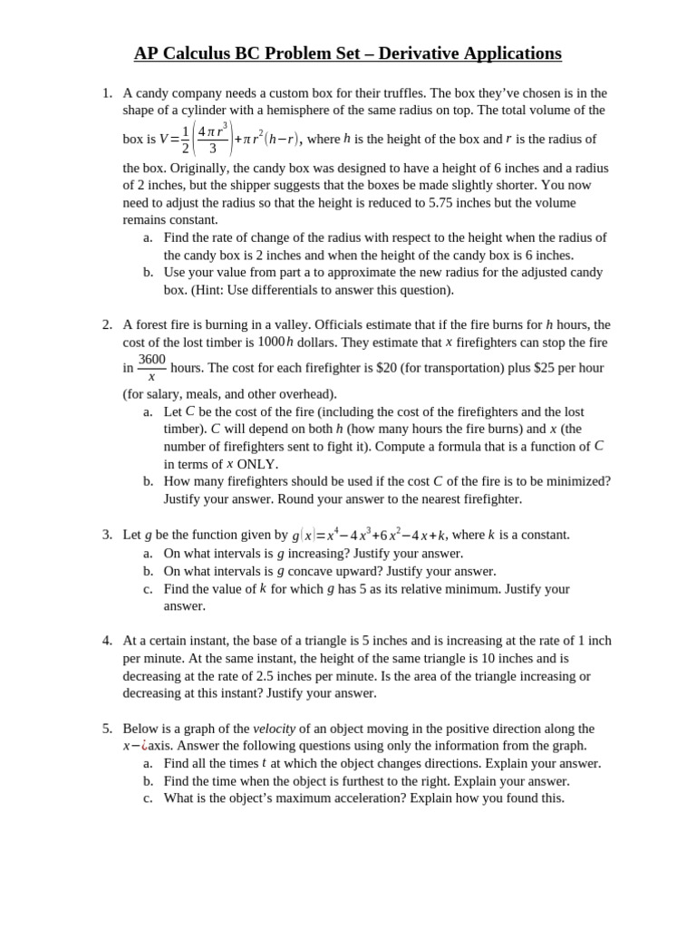 AP Calculus BC Graded Homework - Applications of Derivatives | PDF ...