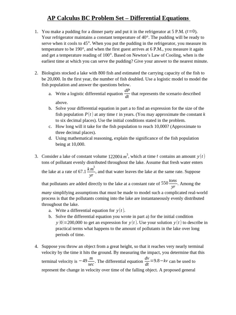 AP Calculus BC Graded Homework - Differential Equations | PDF ...