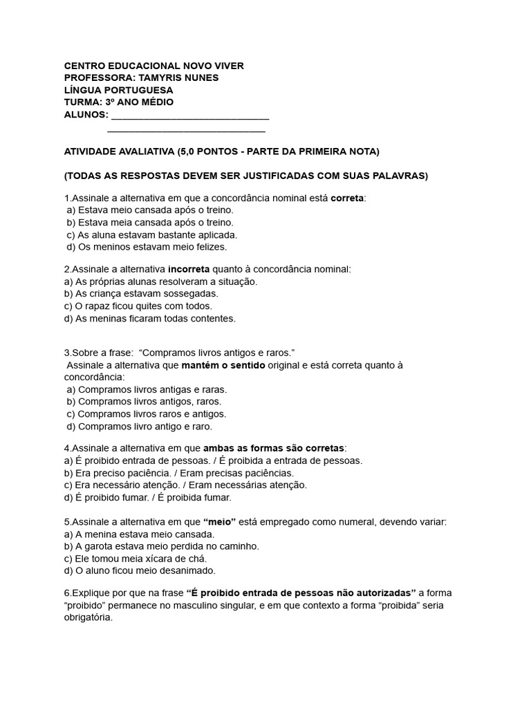 Atividade de Concordância Nominal - 3º Ano Médio | PDF