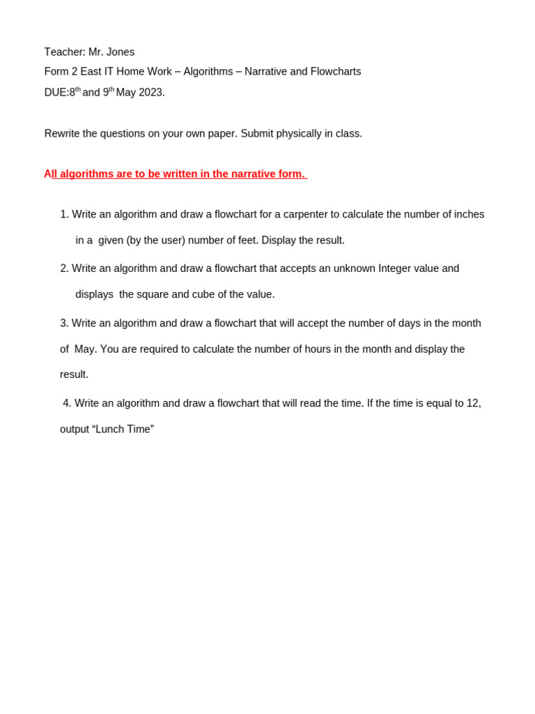 F2 - Term 3 - HW - Algorithms - Narratives and Flowchart | PDF