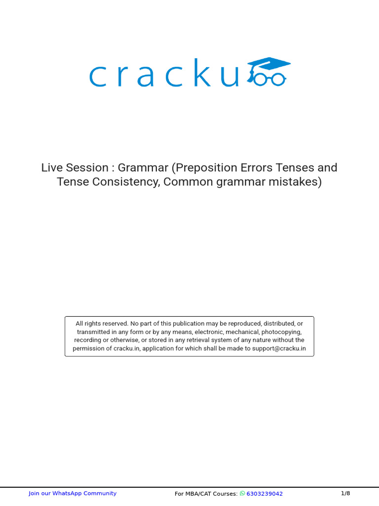 Grammar (Preposition Errors Tenses and Tense Consistency, Common ...