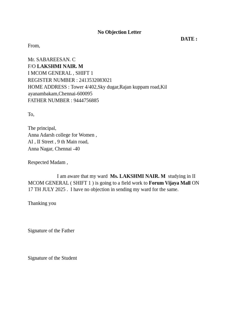 No Objection Letter for Field Work | PDF