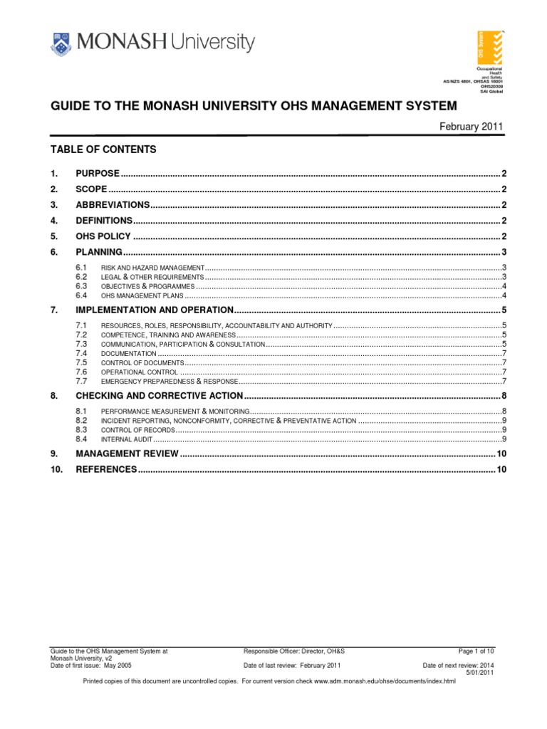 Guide To The Monash University Ohs Management System: February 2011 ...