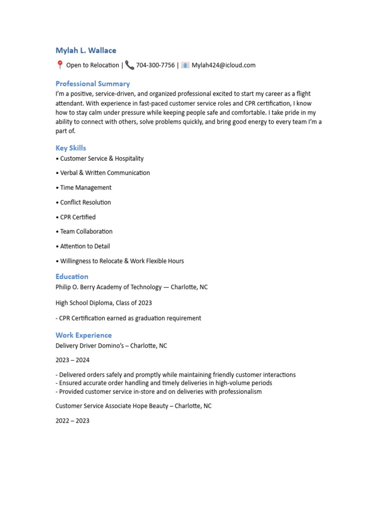 Mylah Wallace Flight Attendant Resume | PDF