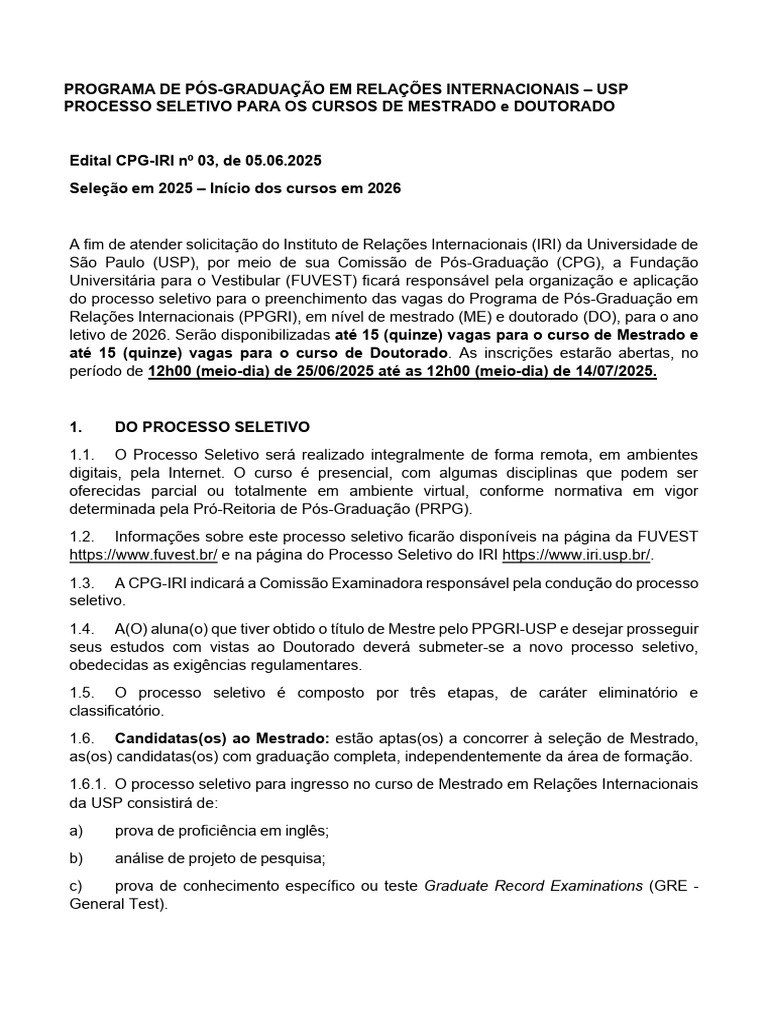 Edital CPG-IRI-USP Processo Seletivo PPGRI 2025 2026 Assinado | PDF ...