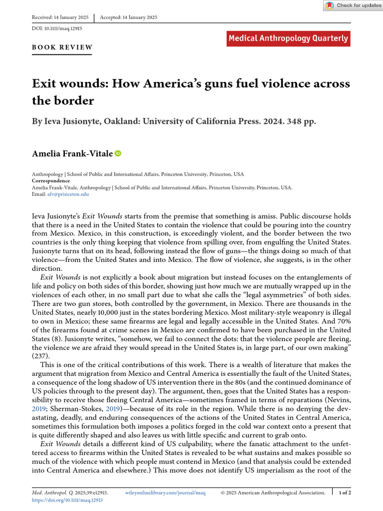 Med Anthropol Q - 2025 - Frank Vitale - Exit Wounds How America S Guns ...