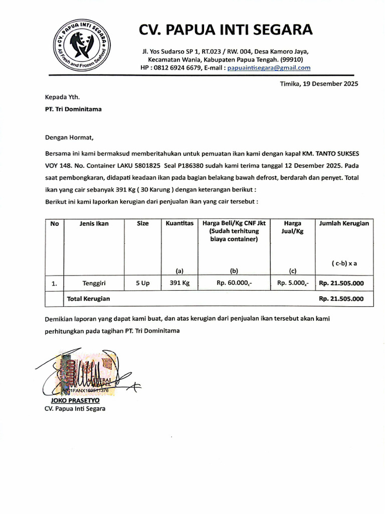 CV Papua Inti Segara Keterangan | PDF