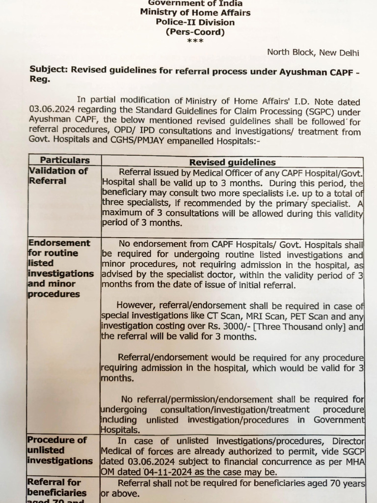 Revised Ayushman CAPF Referral Guidelines | PDF | Clinical Medicine ...
