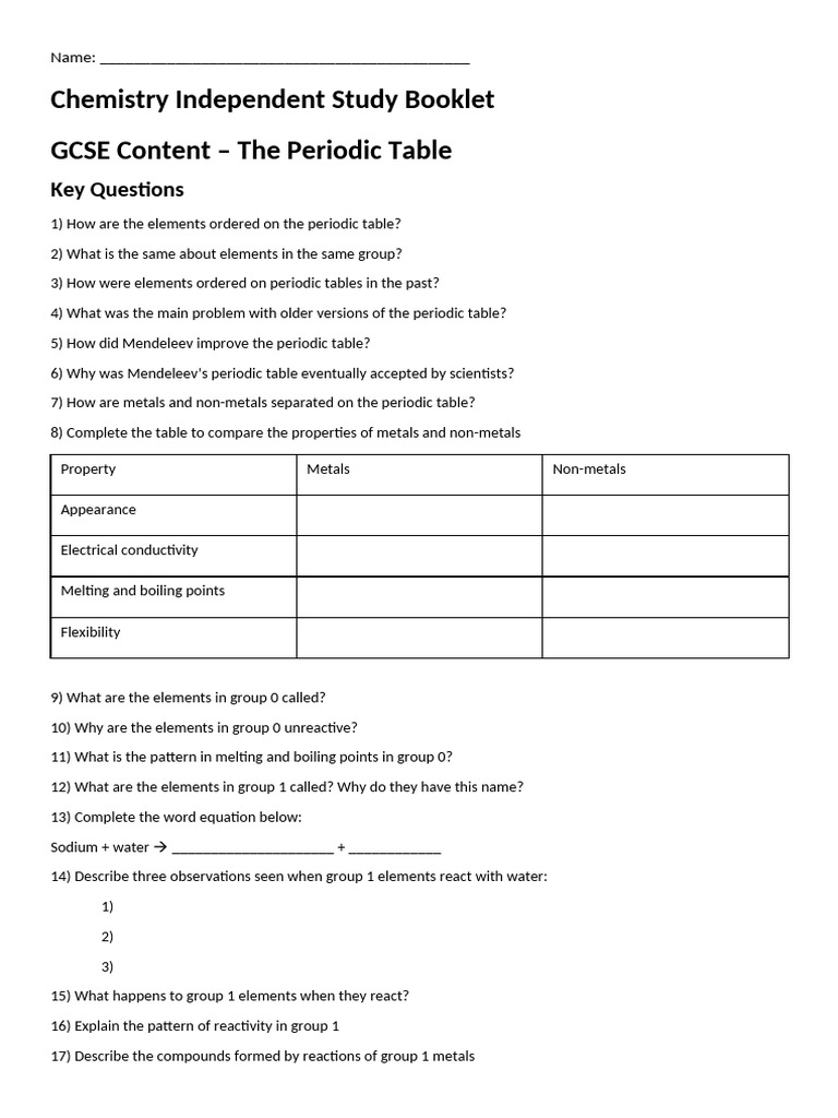 GCSE Chemistry: The Periodic Table Guide | PDF | Periodic Table ...