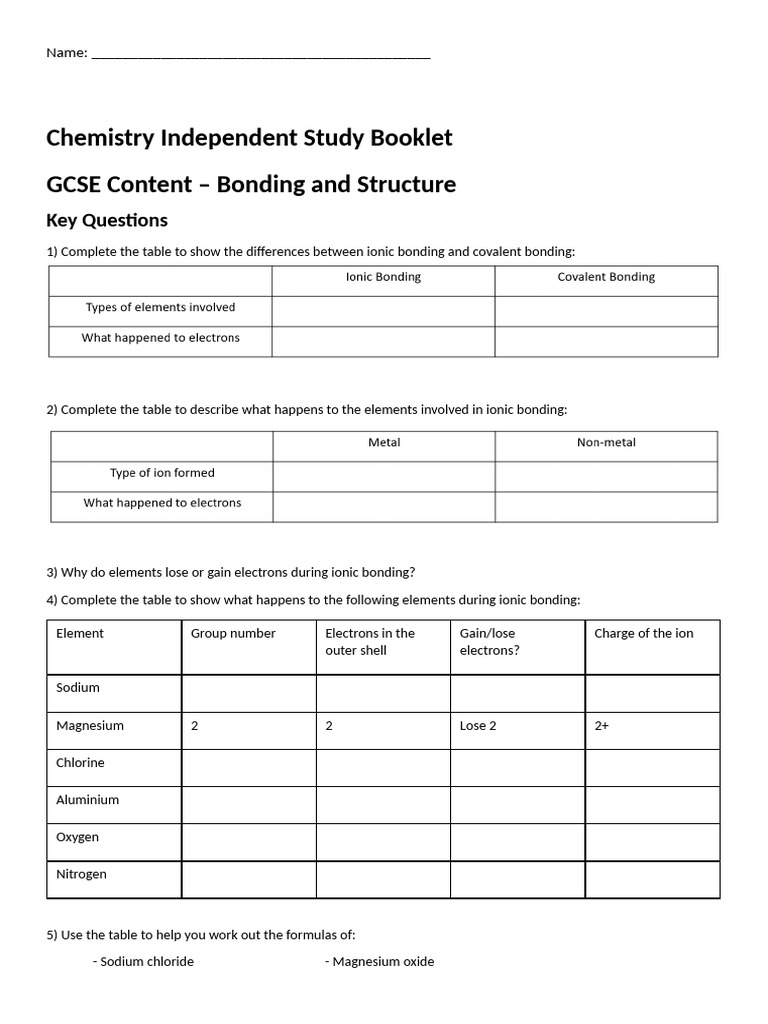GCSE Chapter 3 Independent Study Booklet | PDF | Chemical Bond | Ion