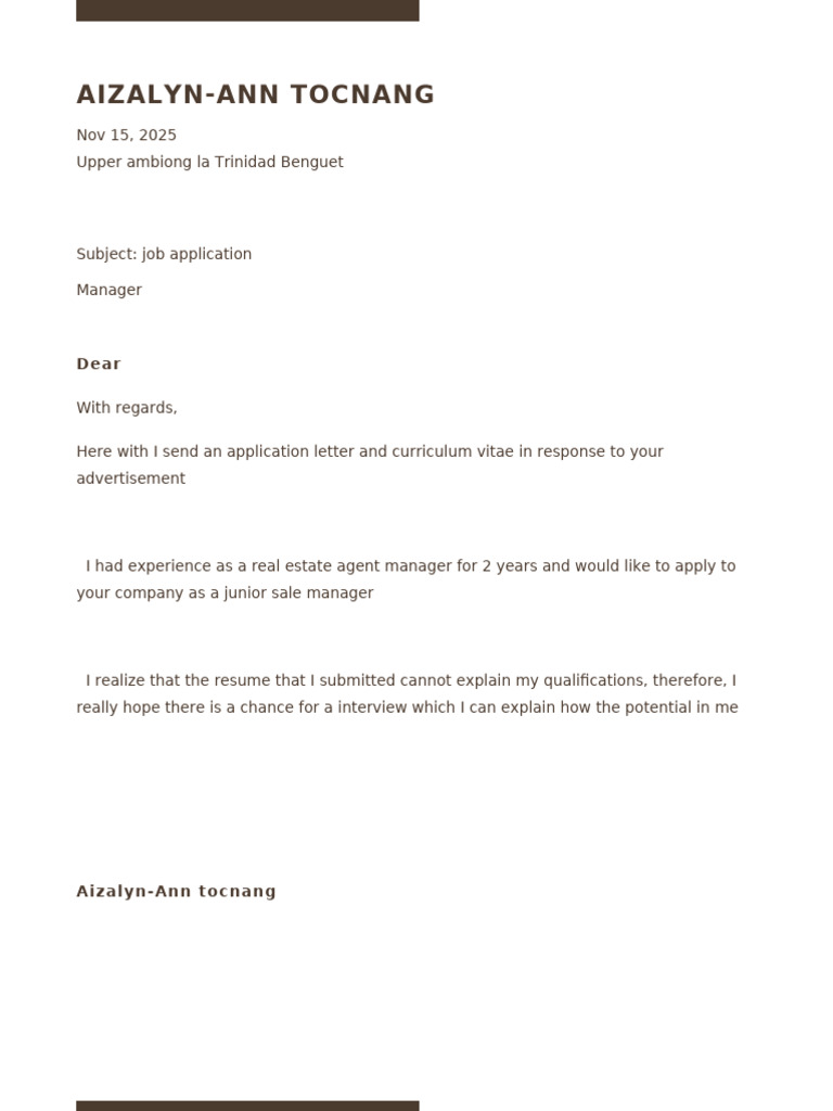Job Application for Junior Sales Manager | PDF